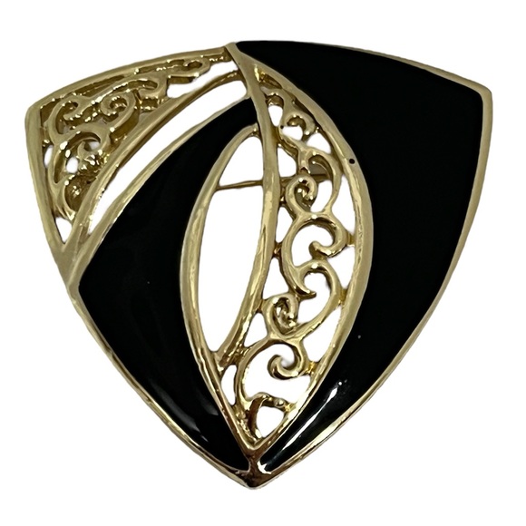 Jewelry | Vintage Abstract Gold Tone Scroll Black Enamel Triangle ...